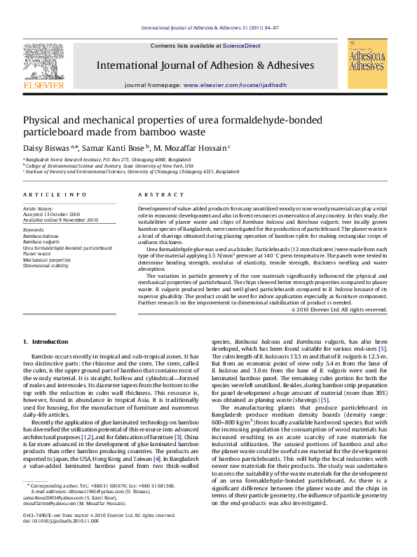 (PDF) Physical and mechanical properties of urea formaldehyde-bonded ...