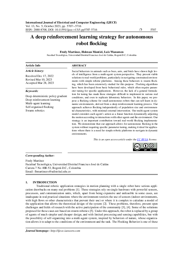 Pdf A Deep Reinforcement Learning Strategy For Autonomous Robot Flocking