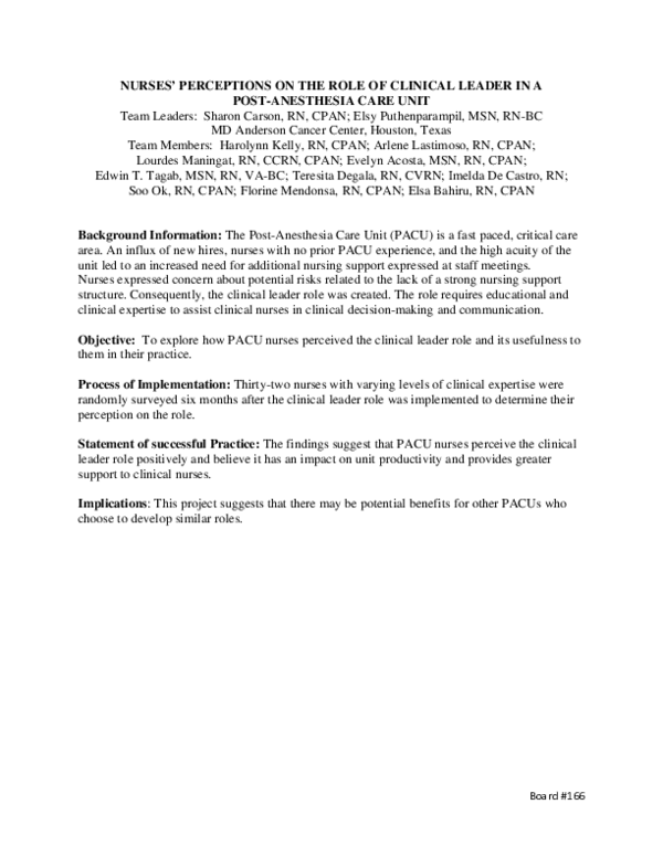(PDF) Nurses’ Perceptions on the Role of Clinical Leader in a Post-Anesthesia Care Unit