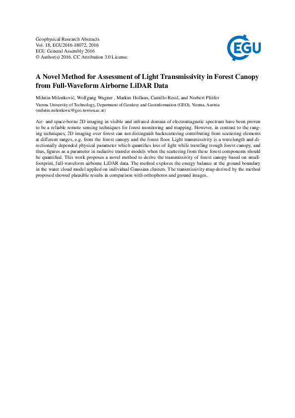 Pdf A Novel Method For Assessment Of Light Transmissivity In Forest Canopy From Full Waveform