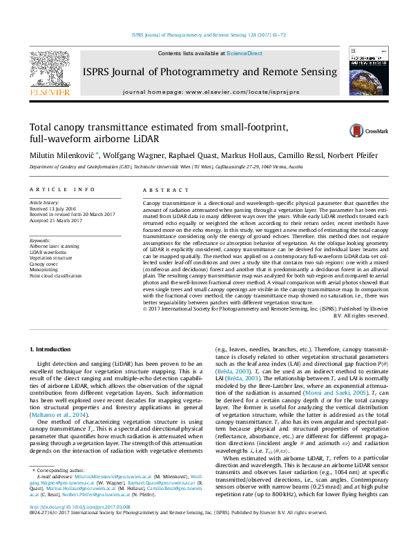 Pdf Total Canopy Transmittance Estimated From Small Footprint Full Waveform Airborne Lidar
