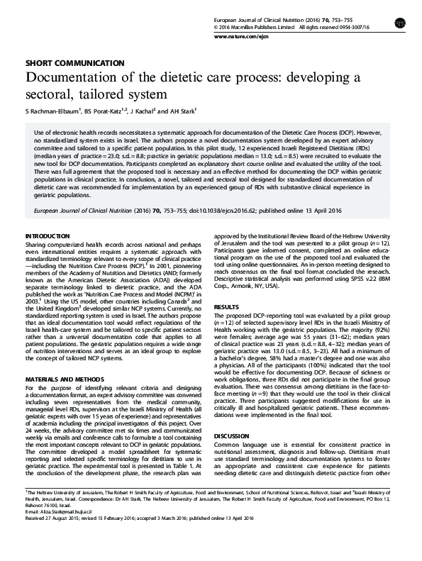 (PDF) Standardized Dietetic Care Documentation Tool