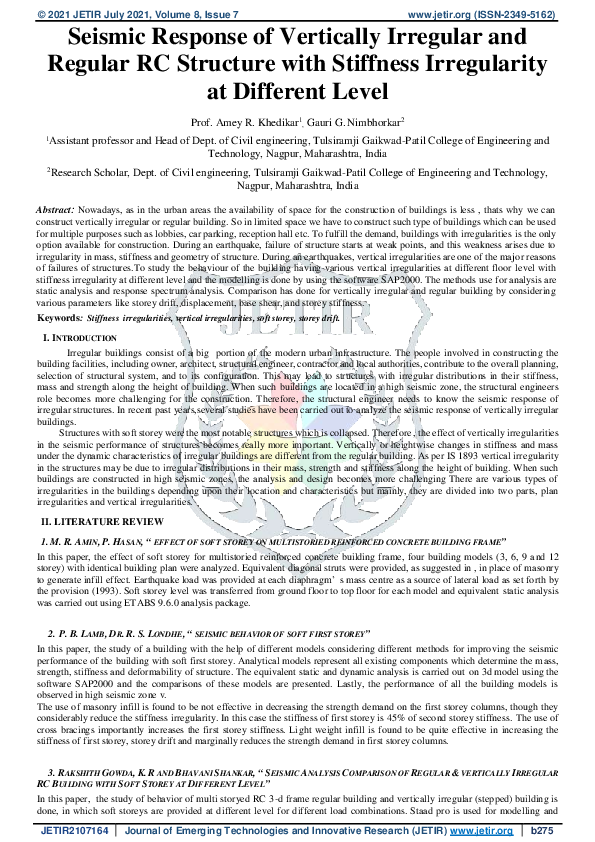 (PDF) Seismic response of vertically irregular and regular rc frame with stiffness irregularity ...