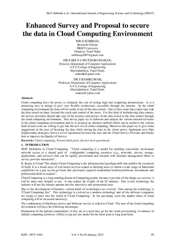 Pdf Enhanced Survey And Proposal To Secure The Data In Cloud