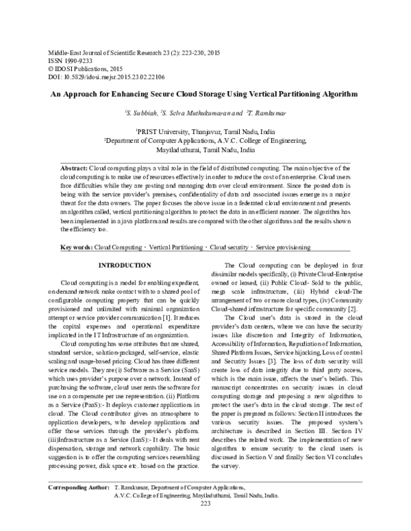 Pdf An Approach For Enhancing Secure Cloud Storage Using Vertical Partitioning Algorithm