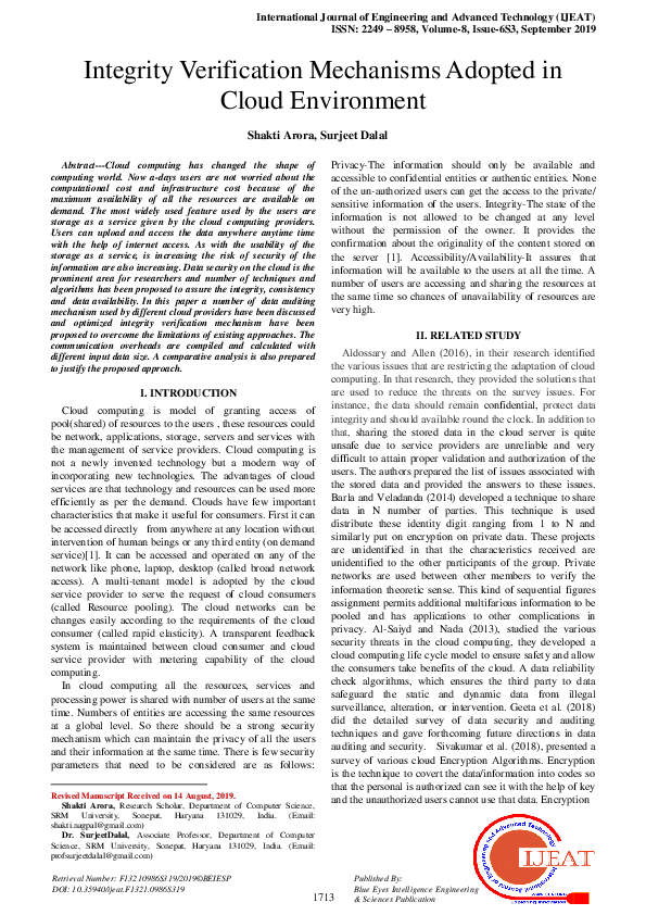 (PDF) Integrity Verification Mechanisms Adopted in Cloud Environment
