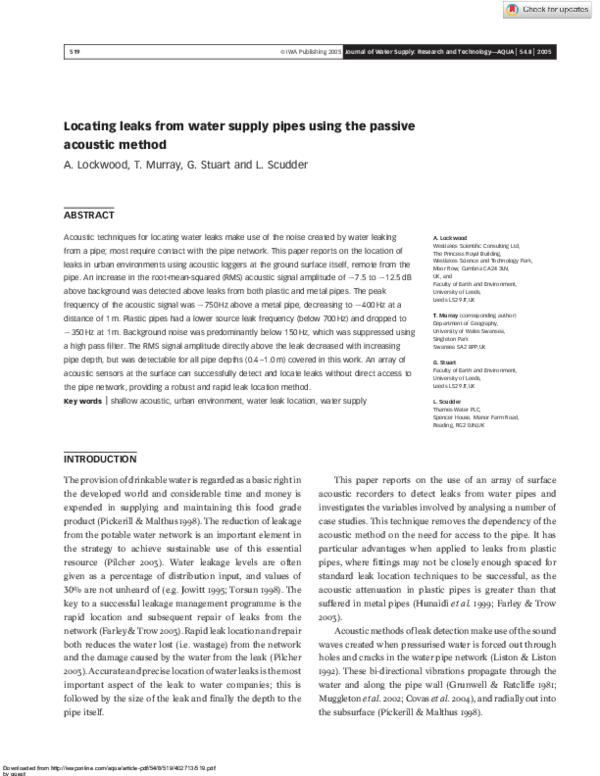 (PDF) Locating leaks from water supply pipes using the passive acoustic ...