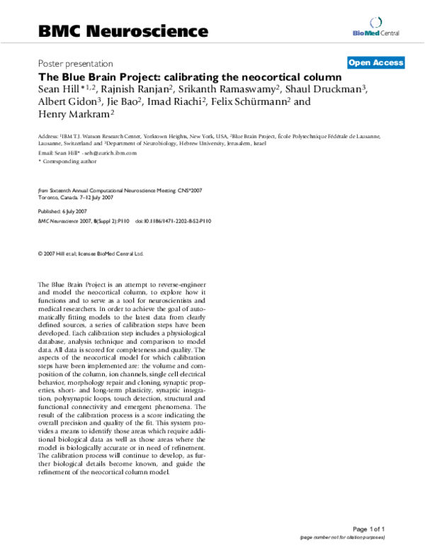 (PDF) The Blue Brain Project: calibrating the neocortical column