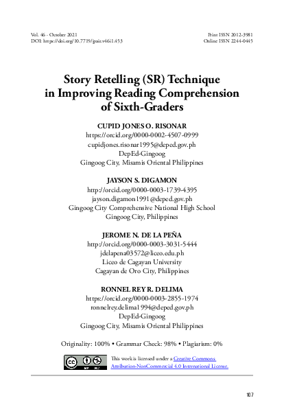 (PDF) Story Retelling (SR) Technique in Improving Reading Comprehension of Sixth-Graders