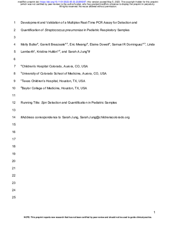 Pdf Development And Validation Of A Multiplex Real Time Pcr Assay For Detection And
