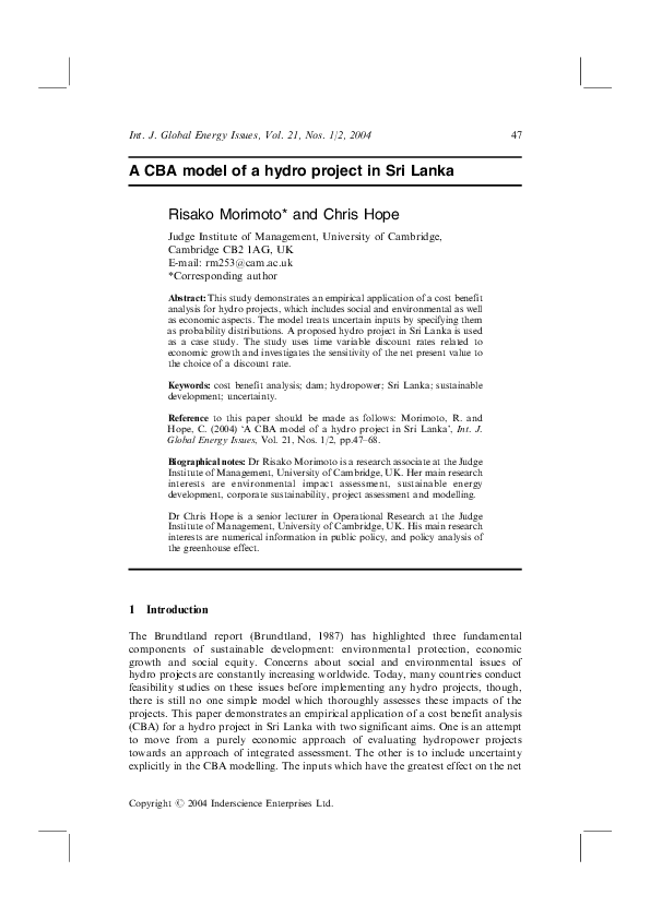(PDF) A CBA model of a hydro project in Sri Lanka
