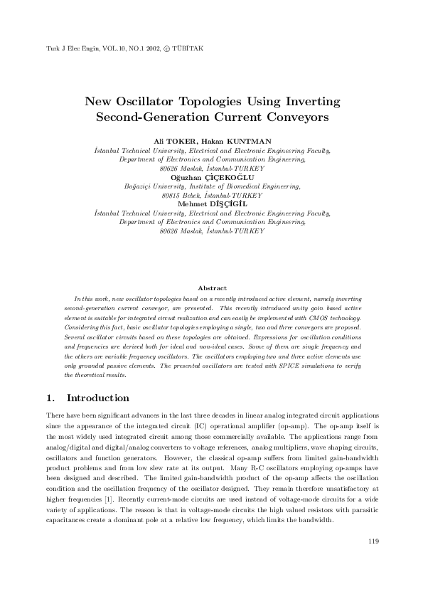 (PDF) New Oscillator Topologies Using Inverting Second-Generation Current Conveyors | Hakan ...