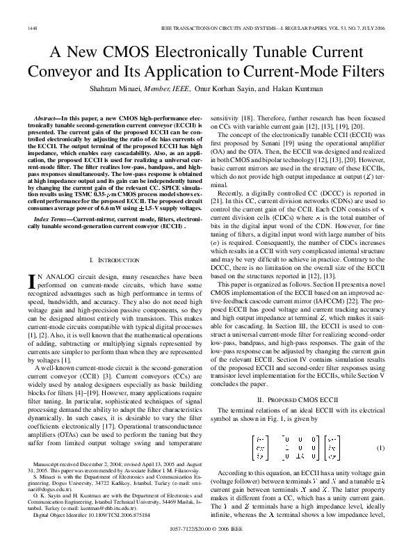 (PDF) A new CMOS electronically tunable current conveyor and its ...