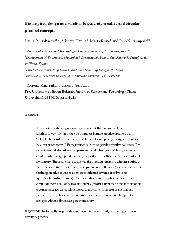 (PDF) Bio-inspired design as a solution to generate creative and circular product concepts