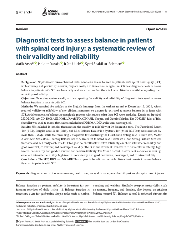 (PDF) Diagnostic tests to assess balance in patients with spinal cord ...