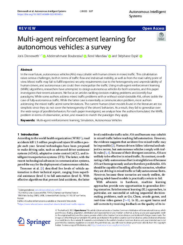 Pdf Multi Agent Reinforcement Learning For Autonomous Vehicles A Survey