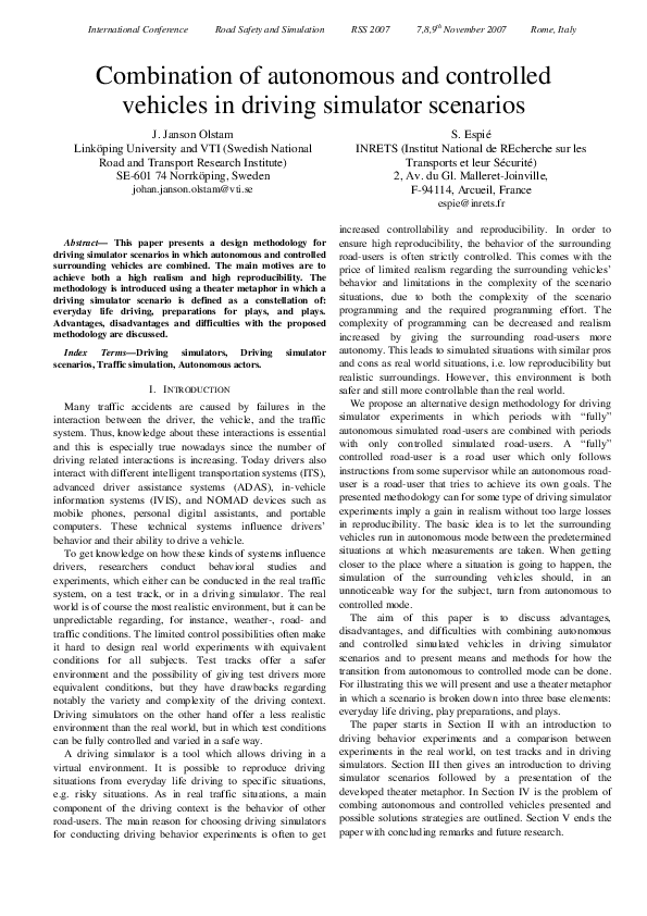 (PDF) Combination of autonomous and controlled vehicles in driving simulator scenarios