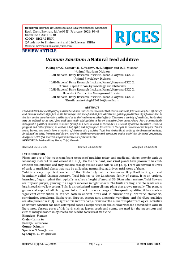 (PDF) Ocimum Sanctum: a Natural feed additive