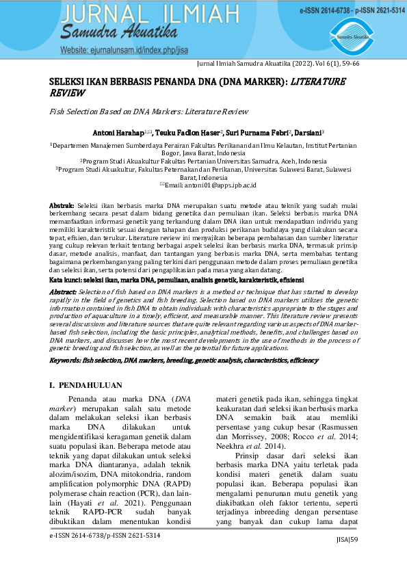 (PDF) Fish Selection Based on DNA Markers: Literature Review