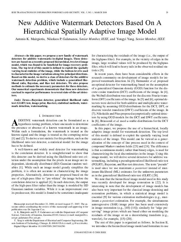 (PDF) New Additive Watermark Detectors Based On A Hierarchical Spatially Adaptive Image Model ...