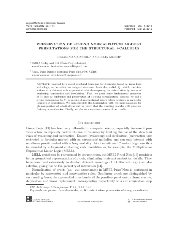 (PDF) Preservation of Strong Normalisation modulo permutations for the structural lambda-calculus