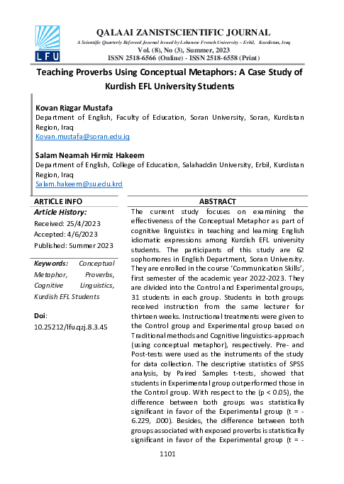 (PDF) Teaching Proverbs Using Conceptual Metaphors: A Case Study of Kurdish EFL University Students