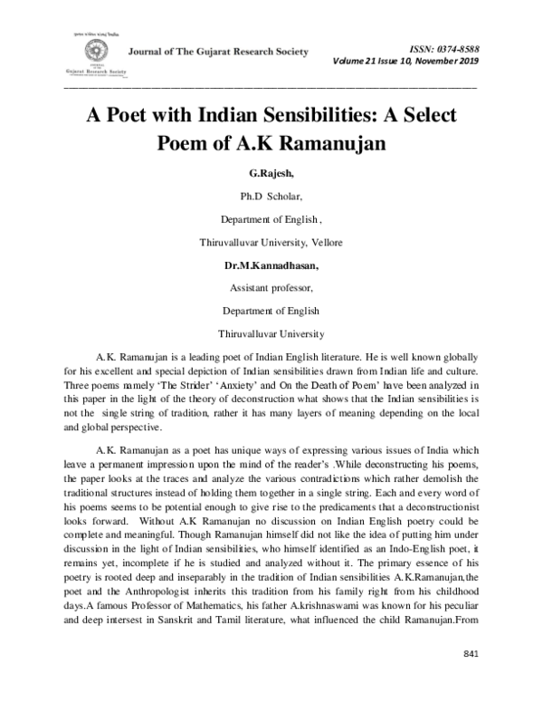 (PDF) A Poet with Indian Sensibilities: A Select Poem of A.K Ramanujan
