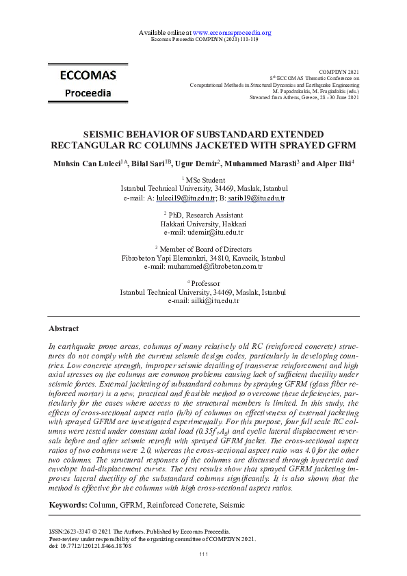 (PDF) Seismic Behavior of Substandard Extended Rectangular RC Columns Jacketed with Sprayed GFRM
