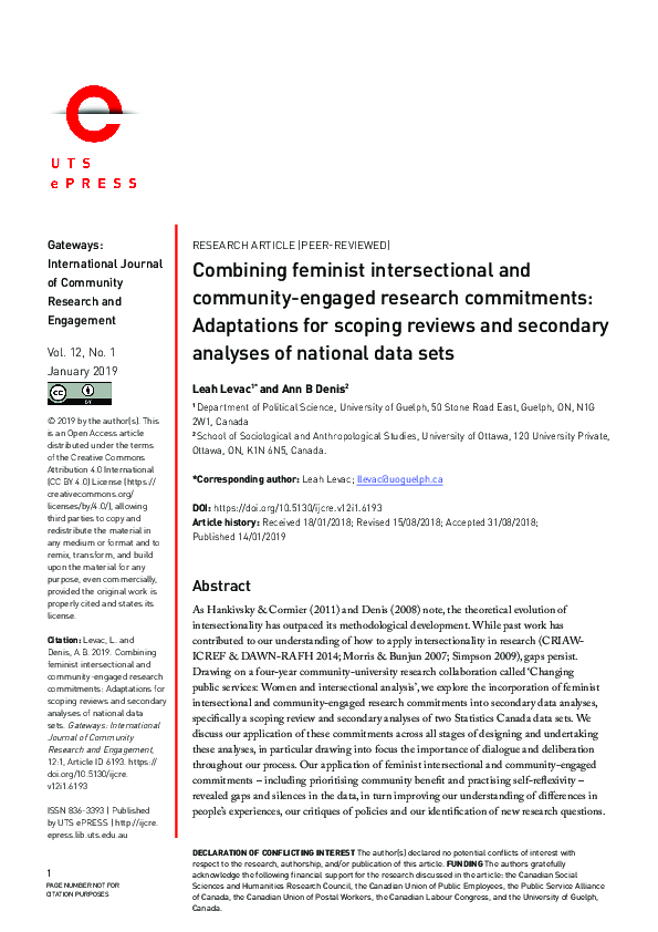 (PDF) Combining feminist intersectional and community-engaged research commitments: Adaptations ...
