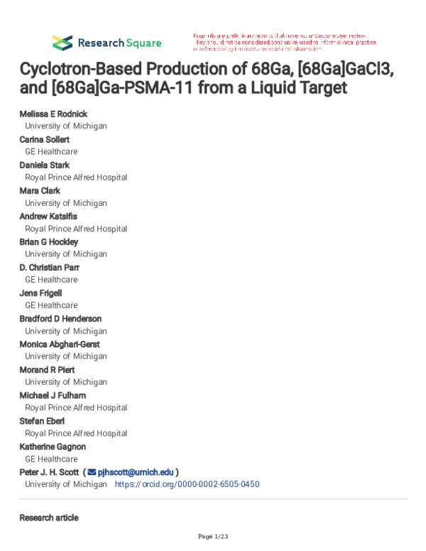 (PDF) Cyclotron-based production of 68Ga, [68Ga]GaCl3, and [68Ga]Ga-PSMA-11 from a liquid target