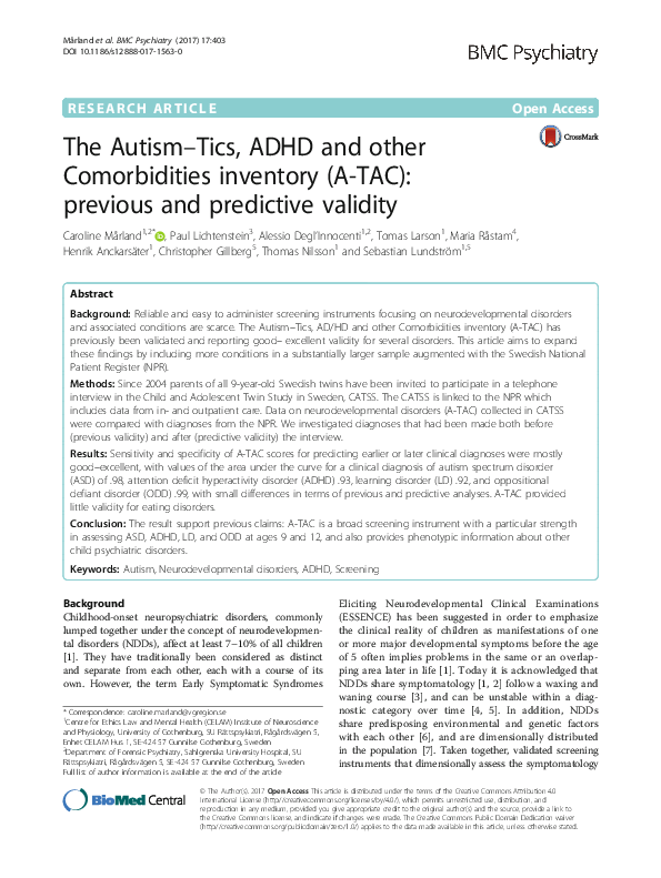 (PDF) The Autism–Tics, ADHD and other Comorbidities inventory (A-TAC ...