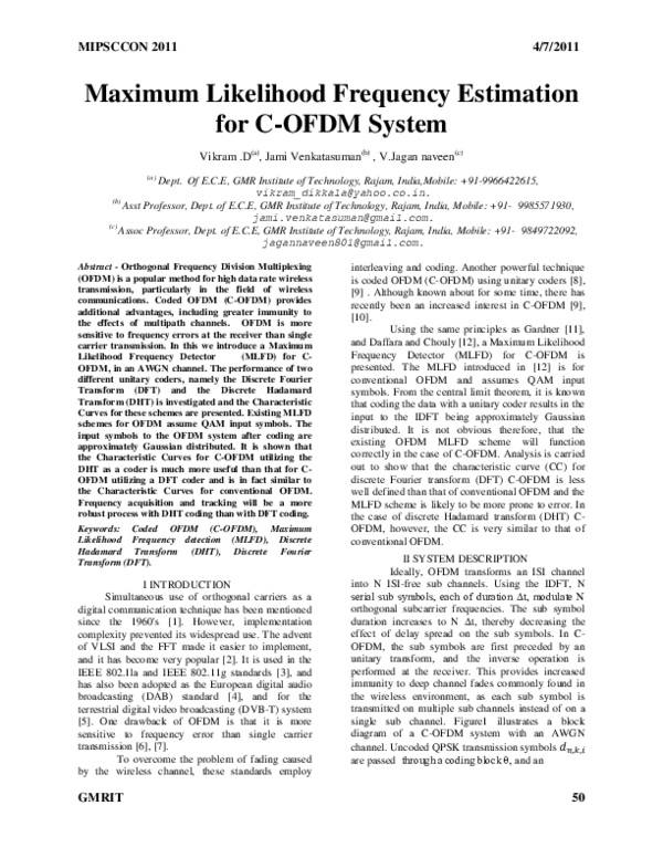 Pdf Maximum Likelihood Frequency Estimation For C Ofdm System