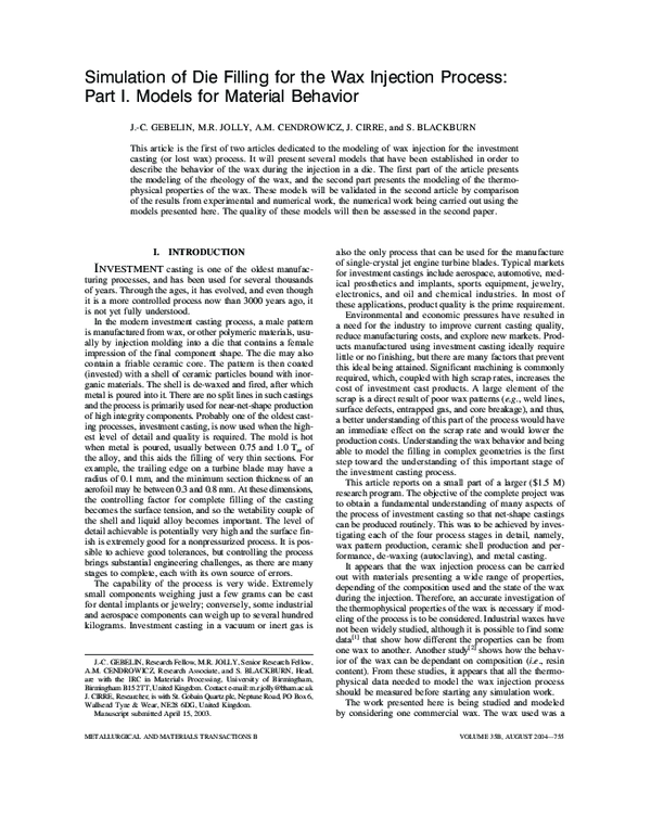 (PDF) Simulation of die filling for the wax injection process: Part I ...