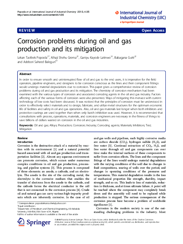 (PDF) Corrosion problems during oil and gas production and its mitigation