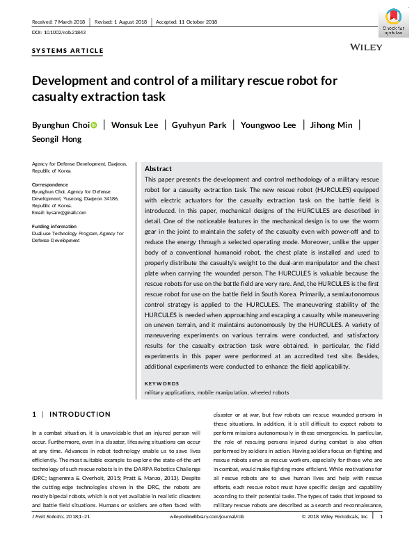(PDF) Development and control of a military rescue robot for casualty extraction task