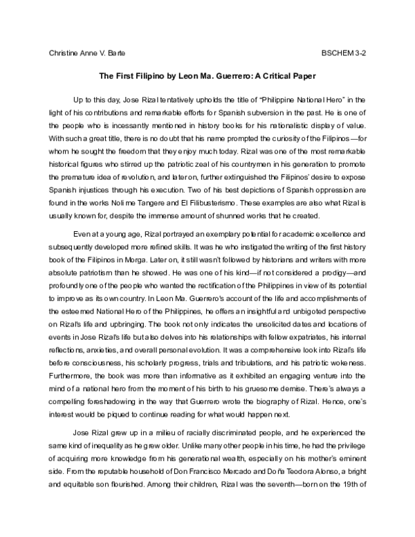 (PDF) The First Filipino by Leon Ma. Guerrero: A Critical Paper