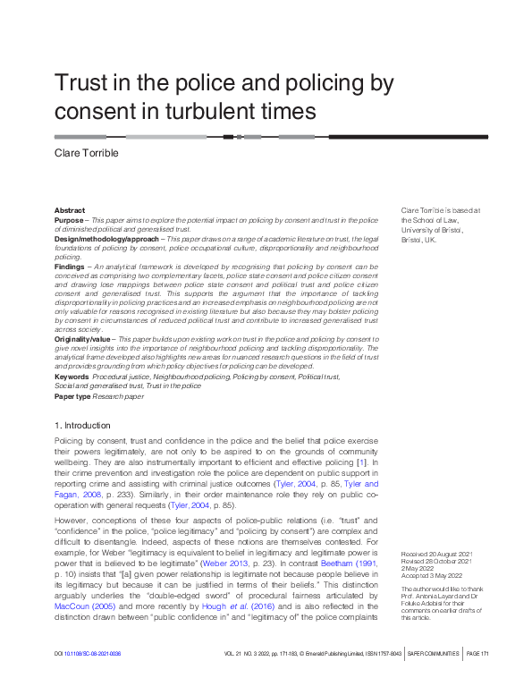 (PDF) Trust in the police and policing by consent in turbulent times