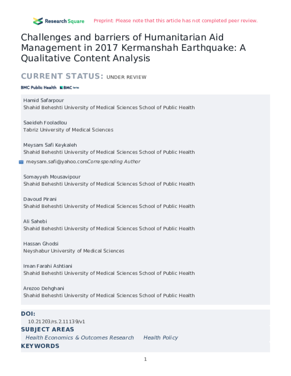 (PDF) Challenges and barriers of Humanitarian Aid Management in 2017 ...