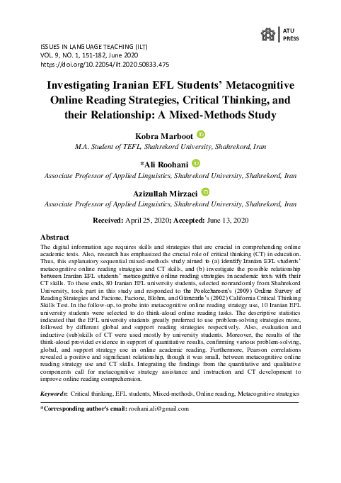 (PDF) Investigating Iranian EFL Students’ Metacognitive Online Reading Strategies, Critical ...