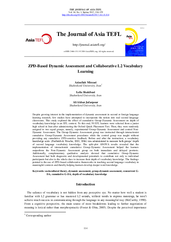 (PDF) ZPD-Based Dynamic Assessment and Collaborative L2 Vocabulary Learning
