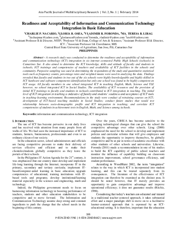 (PDF) Readiness and Acceptability of Information and Communication Technology Integration in ...