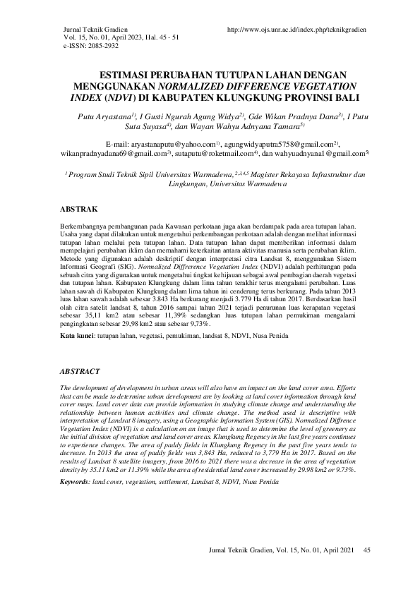 (PDF) Estimasi Perubahan Tutupan Lahan Dengan Menggunakan Normalized Difference Vegetation Index ...