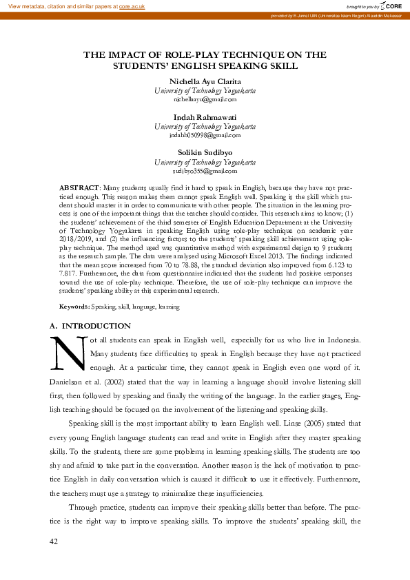 (PDF) The Impact of Role-Play Technique on the Students’ English Speaking Skill