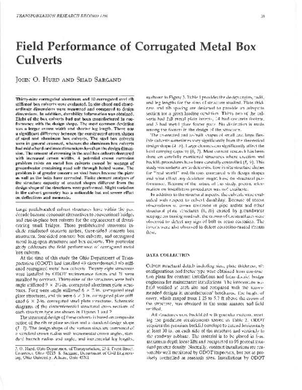 (PDF) Field Performance of Corrugated Metal Box Culverts