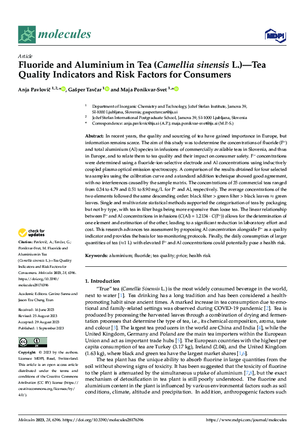 (PDF) Fluoride and Aluminium in Tea (Camellia sinensis L.)—Tea Quality ...