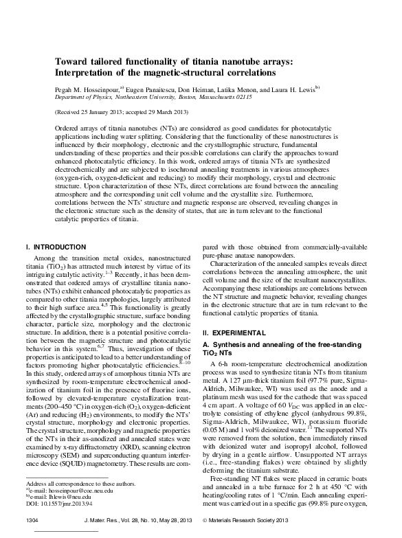 (PDF) Toward tailored functionality of titania nanotube arrays: Interpretation of the magnetic ...