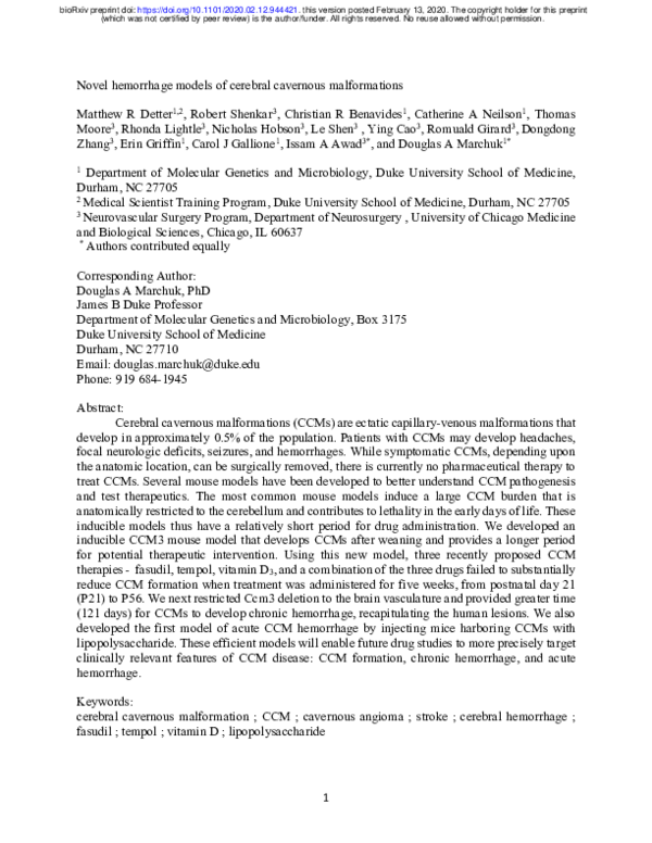 (PDF) Novel hemorrhage models of cerebral cavernous malformations ...