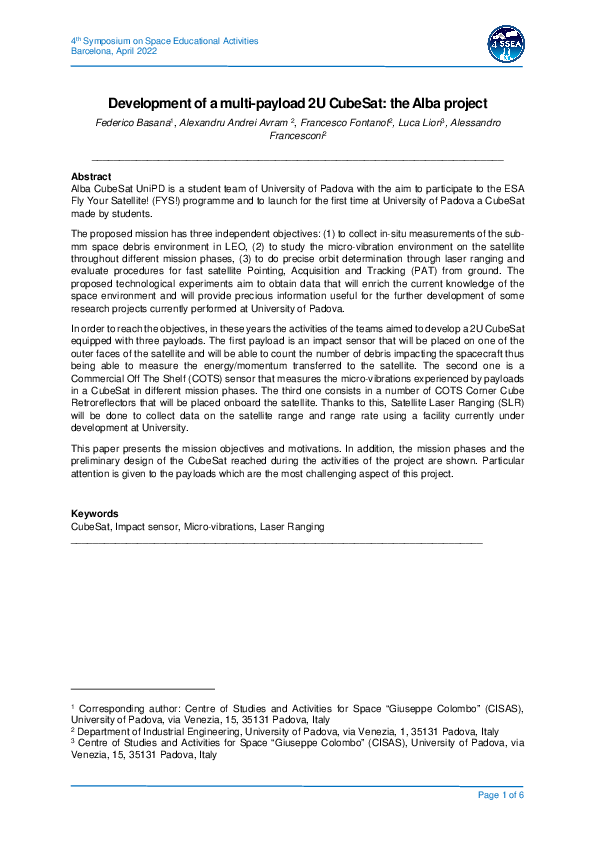 (PDF) Development of a multi-payload 2U CubeSat: the Alba project