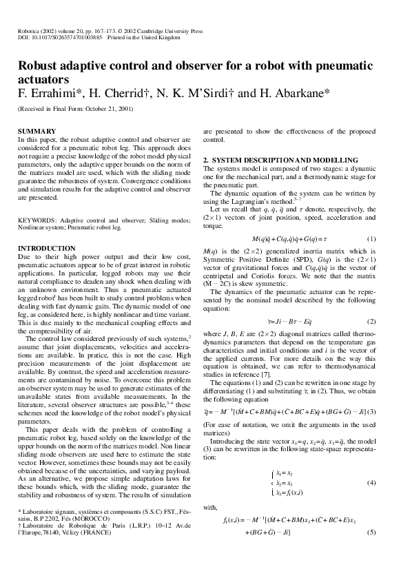 (PDF) Robust adaptive control and observer for a robot with pneumatic actuators | hadia cherrid ...