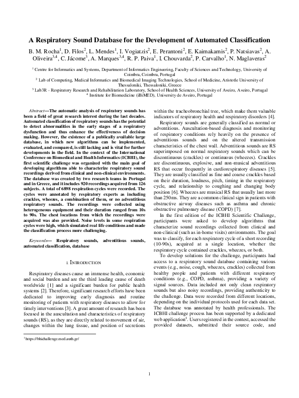 (PDF) Α Respiratory Sound Database for the Development of Automated Classification
